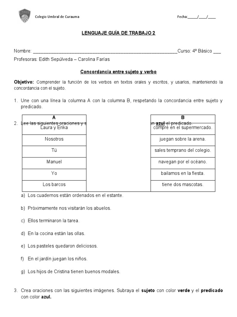 Hoja De Trabajo De Concordancia Entre Sujeto Y Verbo, Tercer Grado