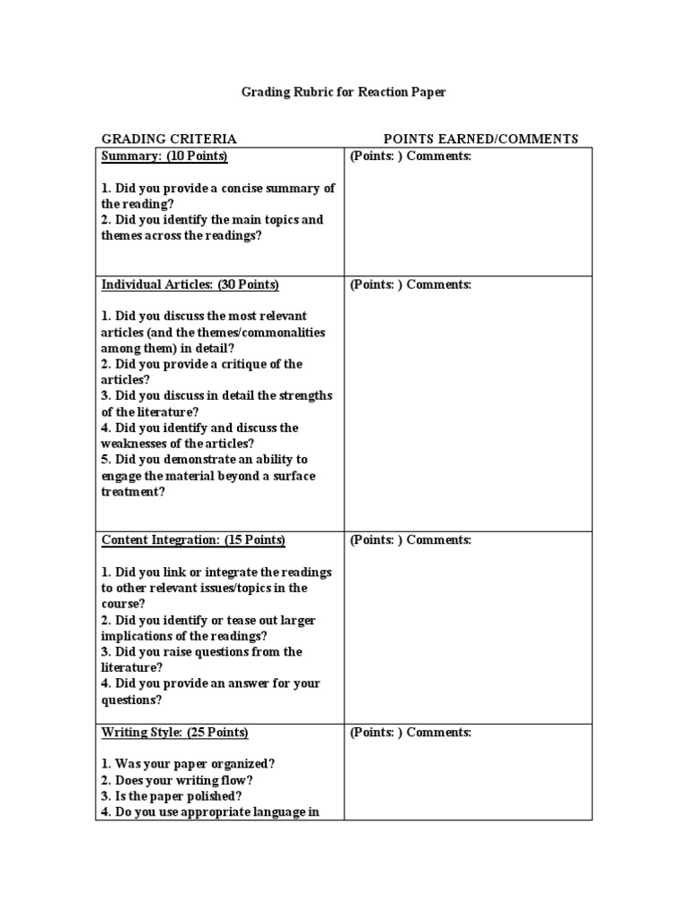 Rubric Reaction Paper | PDF Rubric Reaction Paper | PDF