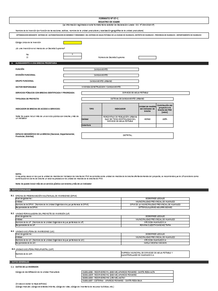 Formato 7C - Sistema Automatizado Seda Hco | PDF | Agua | Reservorio