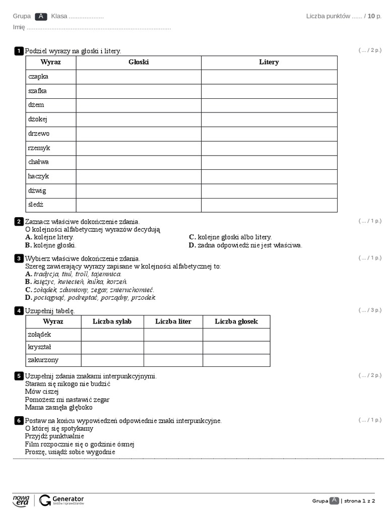 Głoski, Litery, Sylaby, Zdania Test - Ekowydruk | PDF