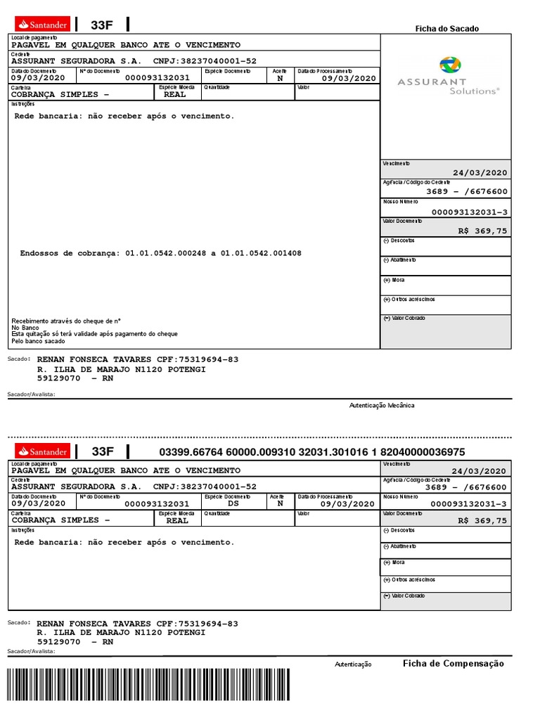 Boleto Franquia 2053069 | PDF | Cheque (banco) | Serviços financeiros