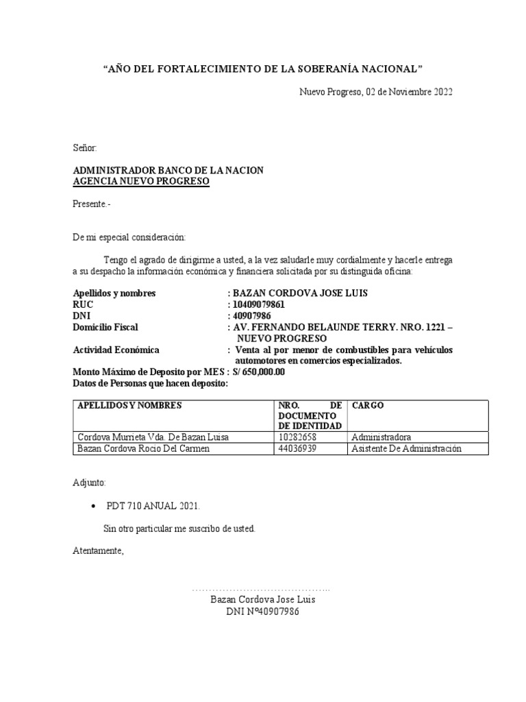 Carta Al Banco de La Nacion | PDF