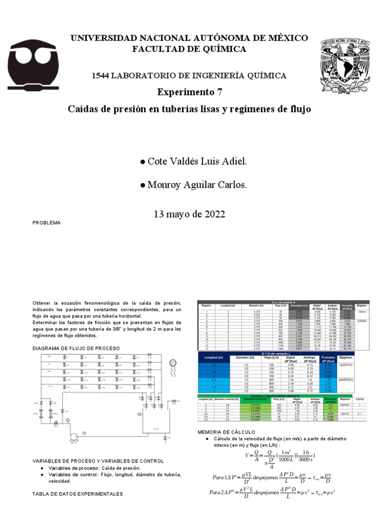 Experimento 7 Caídas de Presión en Tuberías Lisas y Regímenes de Flujo | PDF | Numero Reynolds ...
