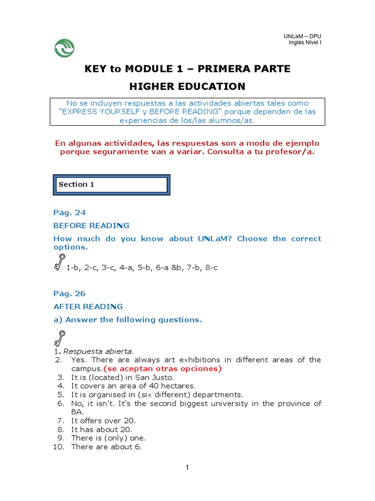 Module 1 - Primera Parte - Key To Activities - Resolucion de Las ...