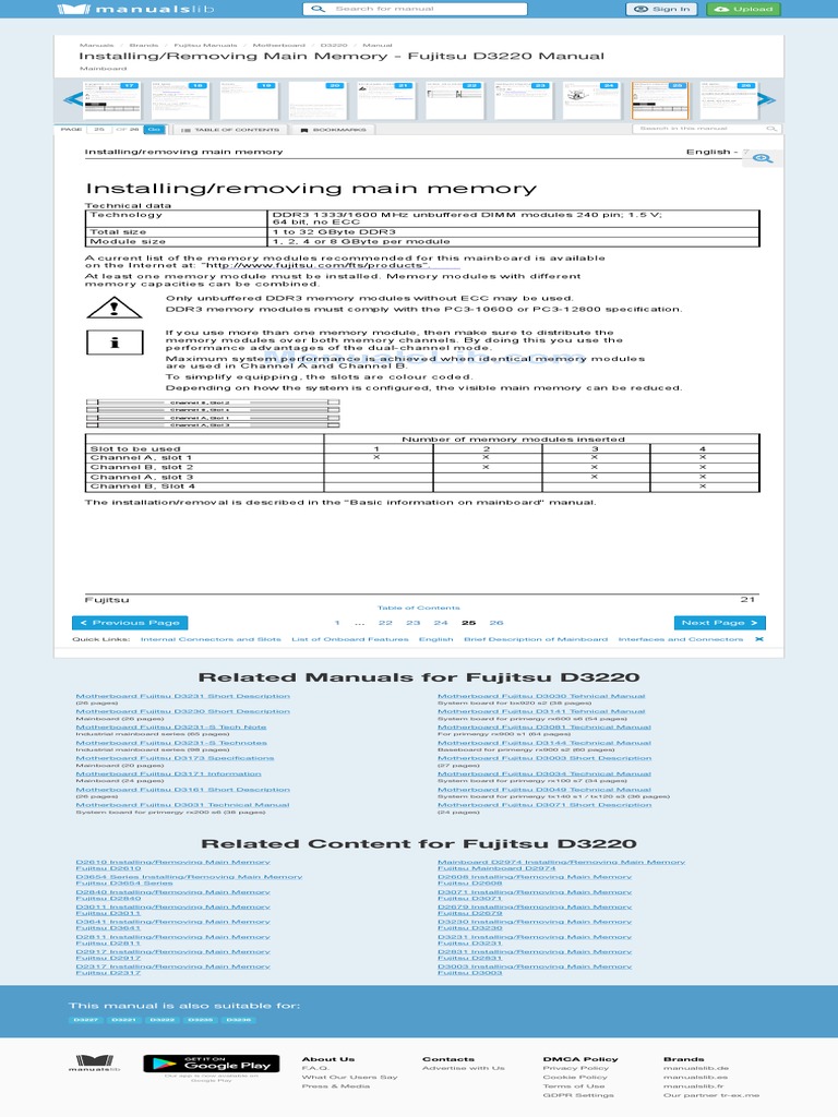 InstallingRemoving Main Memory - Fujitsu D3220 Manual (Page 25 ...