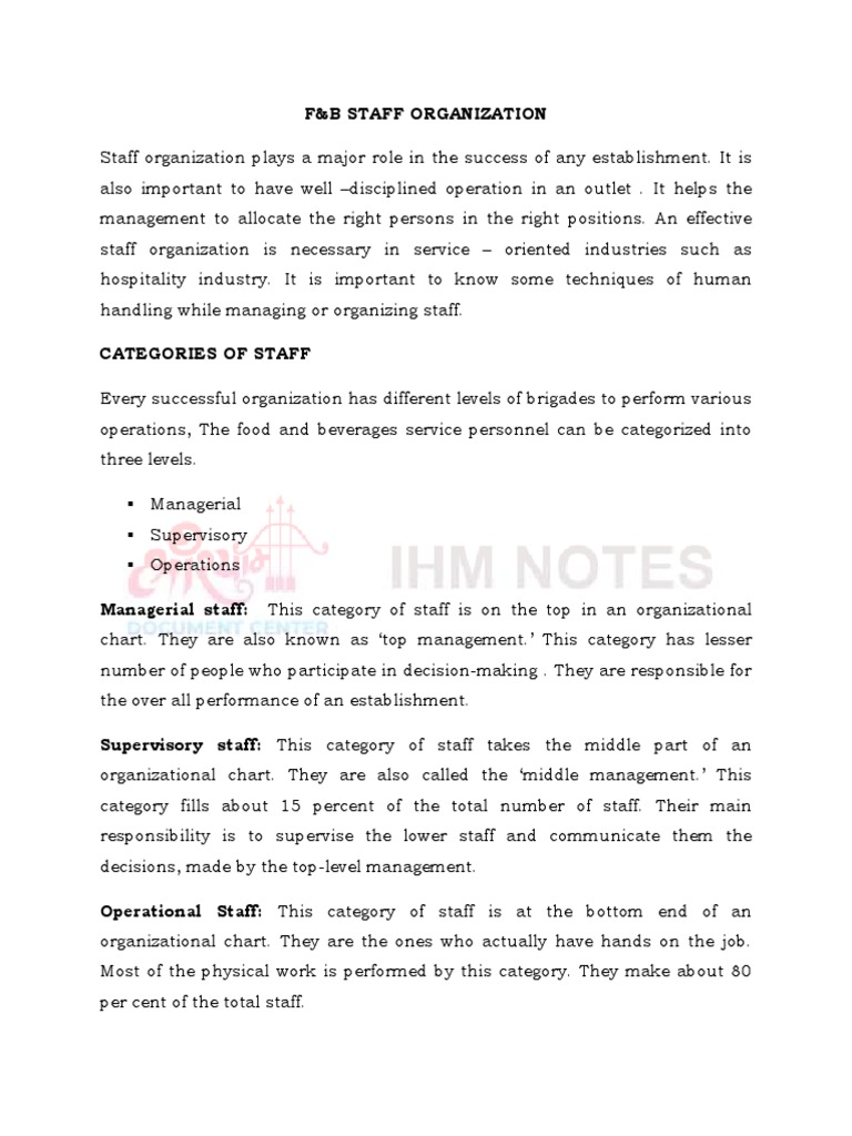 F&B Staff Organization and Duties | PDF | Business