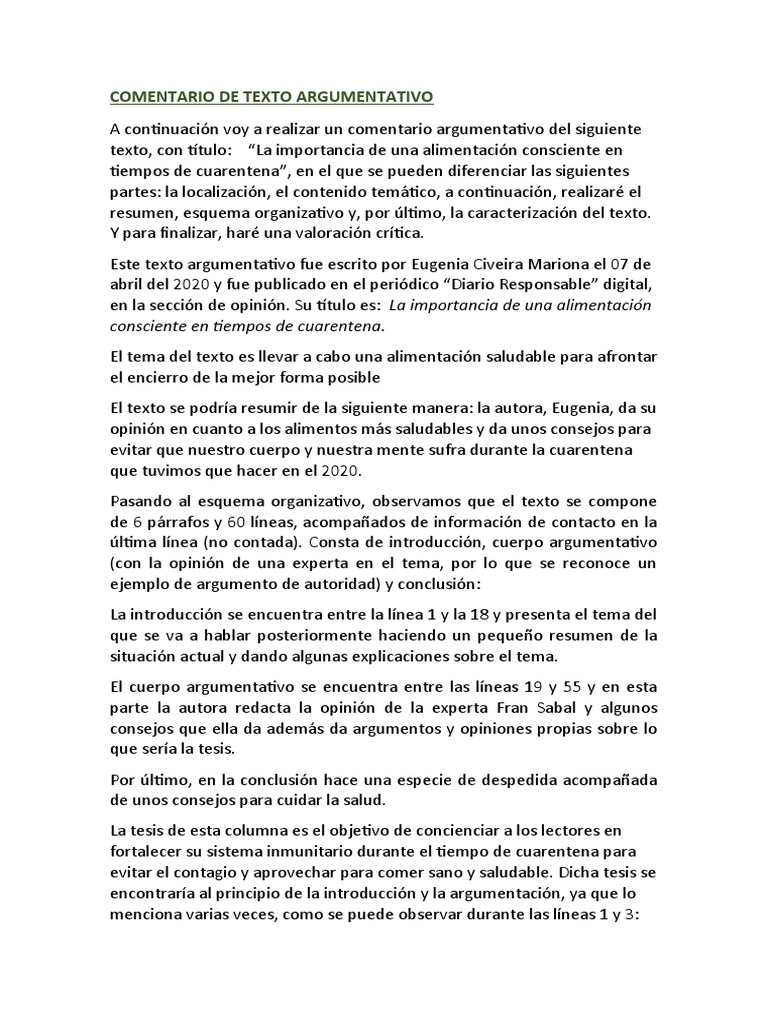 Comentario de Texto Argumentativo | PDF | Argumento