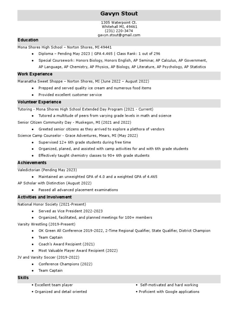 Gavyn Stout Resume | PDF | Advanced Placement | Educational Stages