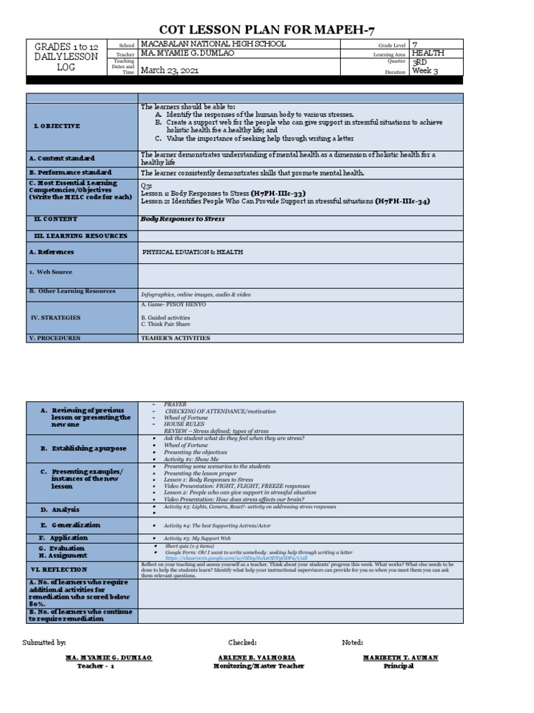 COT-LESSON-PLAN-FOR-health 7 | Download Free PDF | Learning | Teachers