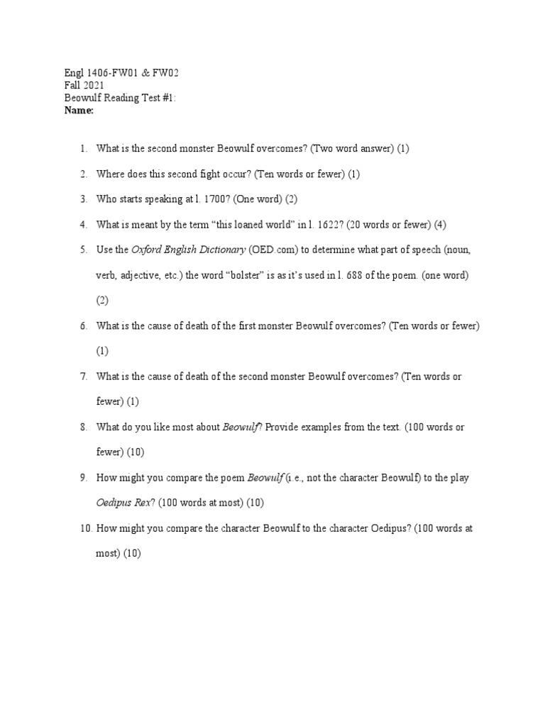 1-Beowulf Test 1 | PDF | Language Arts & Discipline