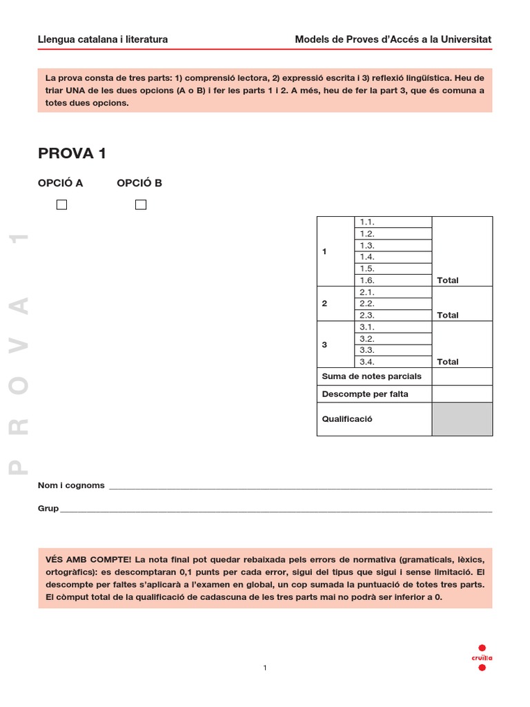 Models Dexàmens de Selectivitat Sense Pautes (Prova 1) | PDF