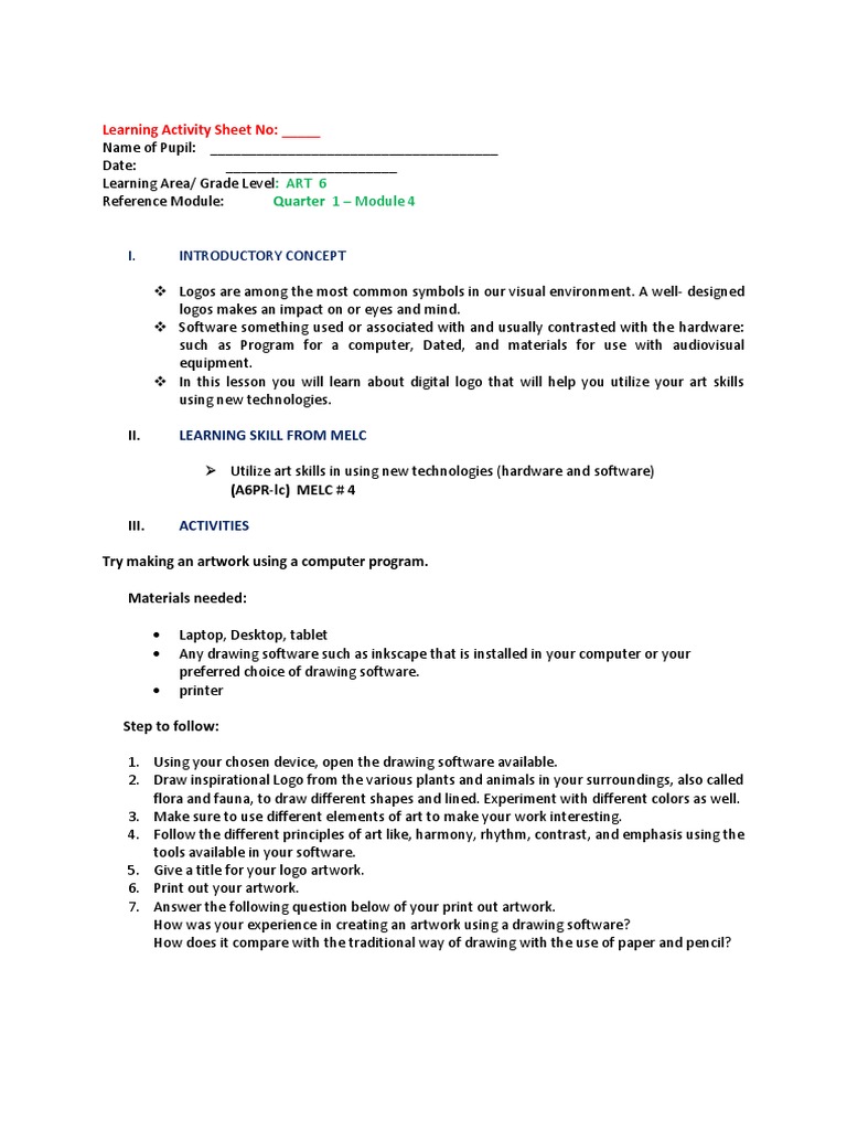 ART G 6 Activity Sheet Quarter 1 Module 4 Final | PDF | Computer Hardware | Software
