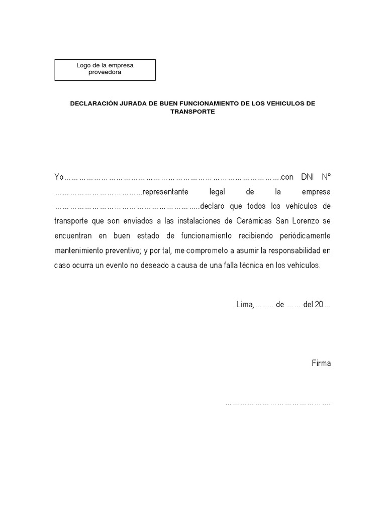 Anexo N°8 - Formato Referencial para La Declaración de Buen Funcionamiento de Los Vehículos de ...