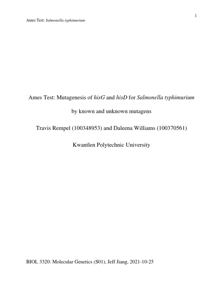 Biol 3320 - Ames Test Lab Report - Travis Rempel | PDF | Polymerase ...