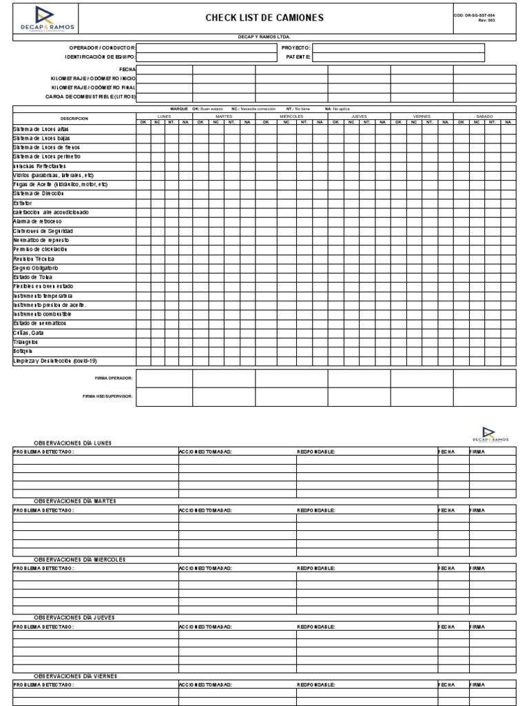 Check List Camiones. | PDF | Ingeniería mecánica | Industria automotriz