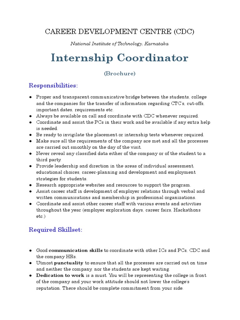 Internship Coordinator Brochure | Download Free PDF | Internship | Job Hunting