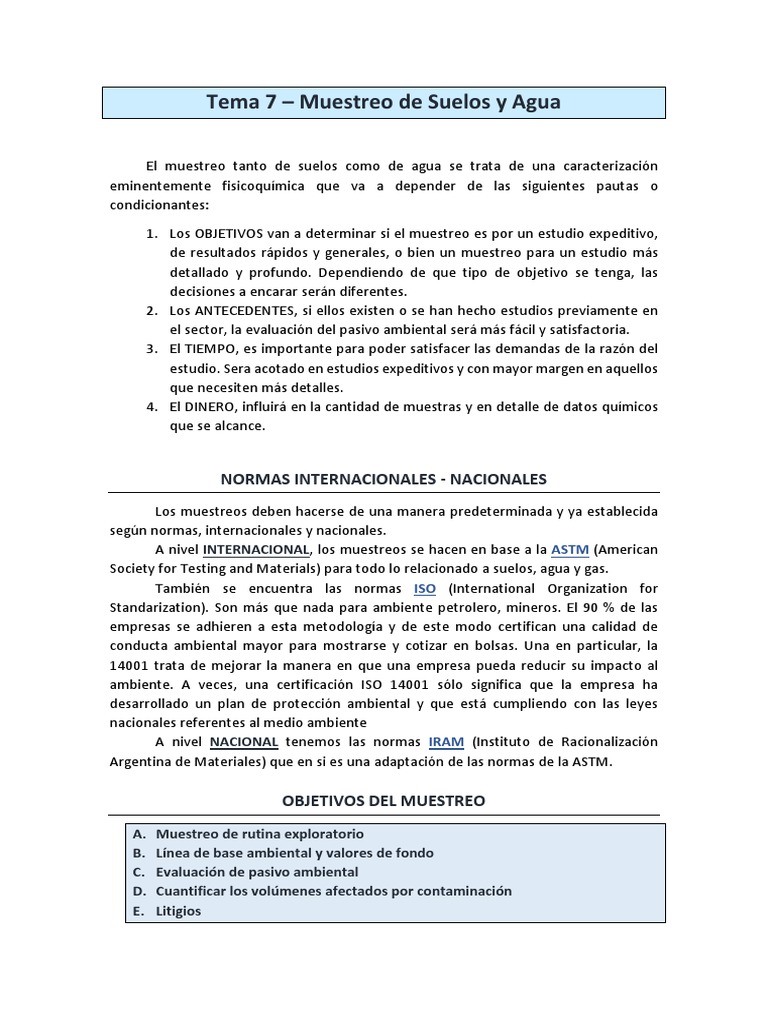 Resumen Tema 7 - Muestreo de Suelos y Agua | PDF | Agua subterránea | Suelo