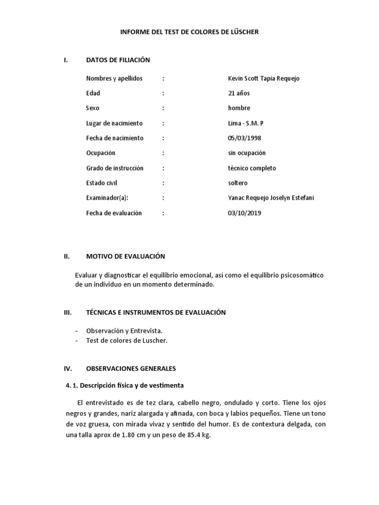 Informe - Del - Test - de - Luscher - Kevin | PDF | Ansiedad | Estrés ...