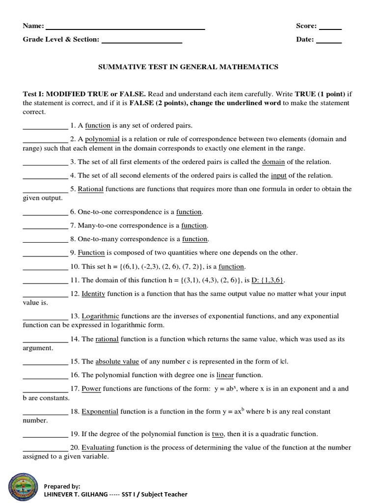 Summative Test q1 Gen Math | PDF | Function (Mathematics ...