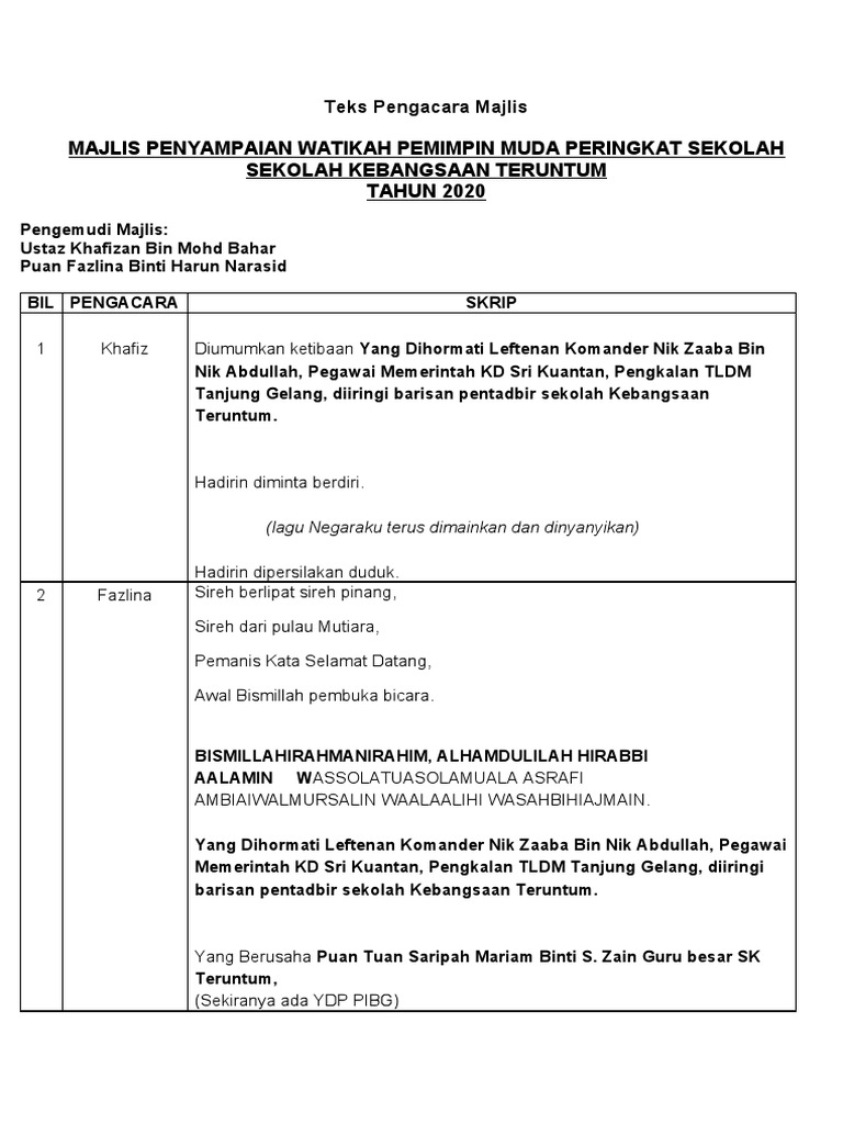 Teks Pengacara Majlis Watikah Pemimpin Muda SKT 2020 | PDF | Karier & Perkembangan | Memasak ...