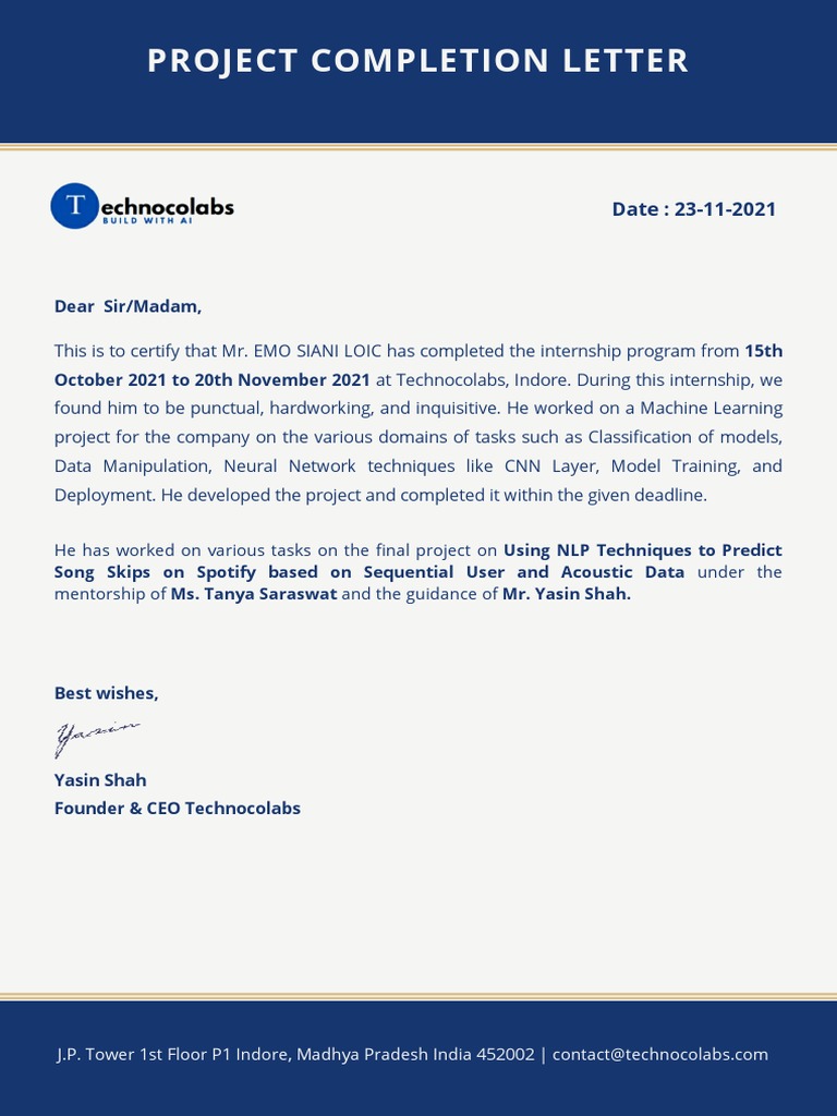 EMO SIANI LOIC Project Completion Letter | PDF