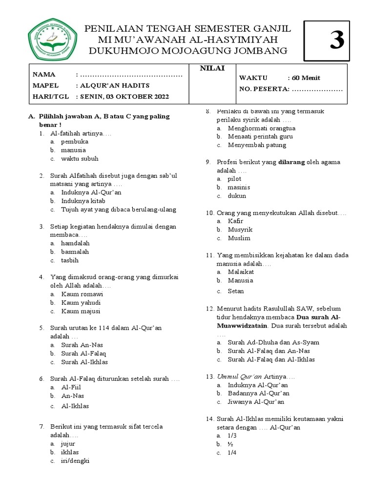 PTS Ganjil Kelas 3 Qurdis | PDF
