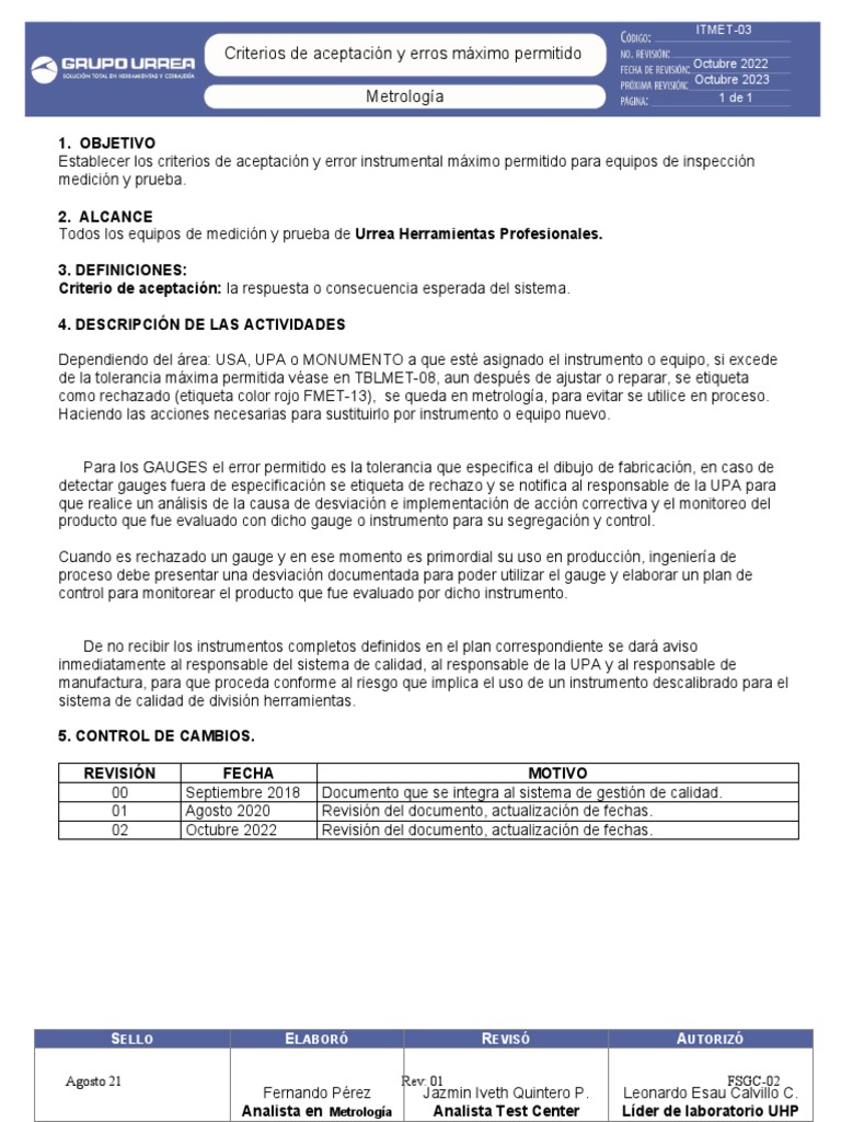 ITMET-03 Criterios de Aceptación y Error Máximo Permitido | PDF ...