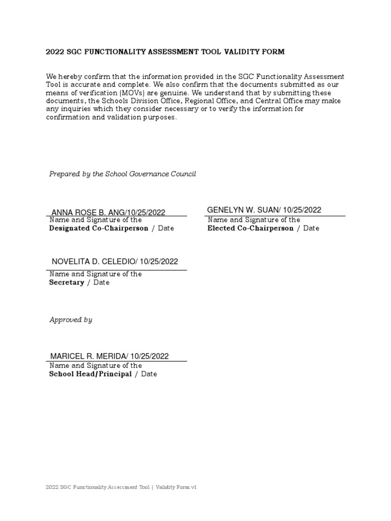 SGC Functionality Assessment Tool - Validity Form - v1 | PDF