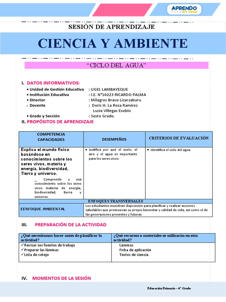 Sesión de Aprendizaje: Ciclo del Agua | PDF | Agua | Maestros