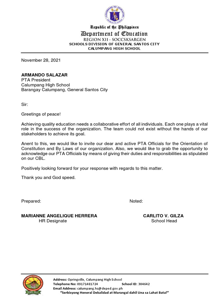 Letter (PTA-Orientation of CBL) | PDF