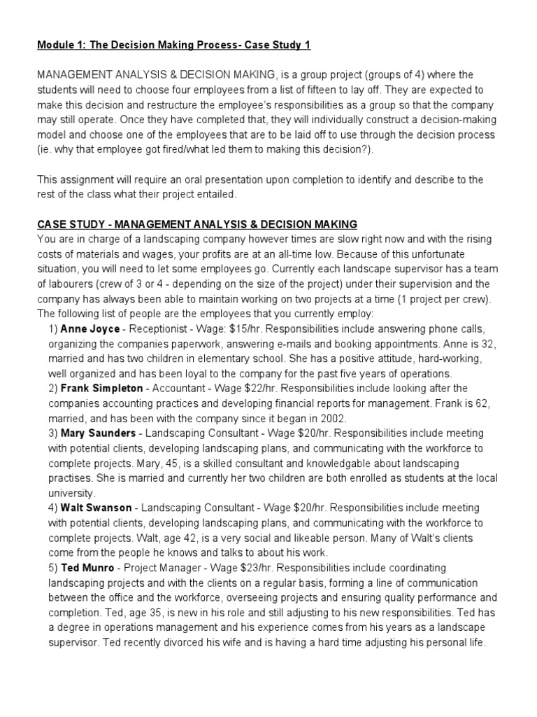 Case Study 1 Management Analysis | PDF | Employment | Decision Making