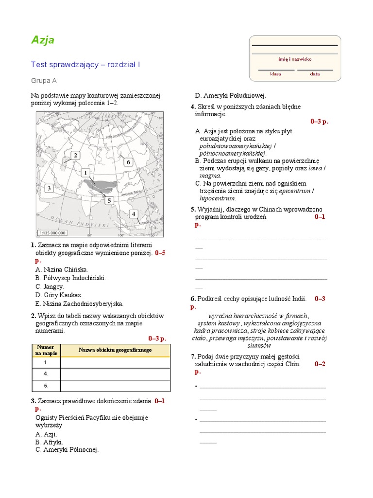 Azja Sprawdzian Klasa 8 | PDF