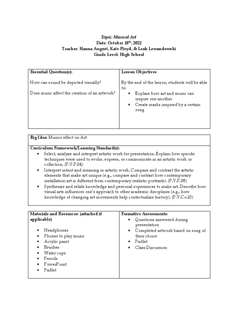 Art Inspired by Music: High School Lesson | PDF | Cognition | Learning