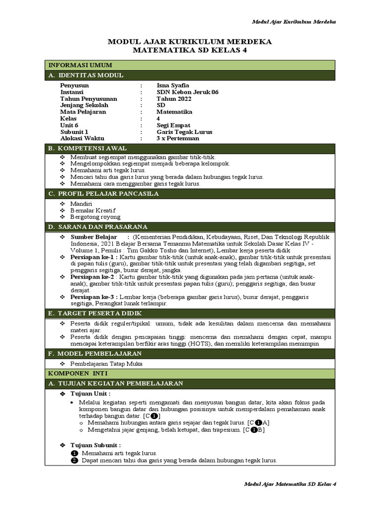 RPP KURMER Matematika BAB 6 Kelas 4 | PDF