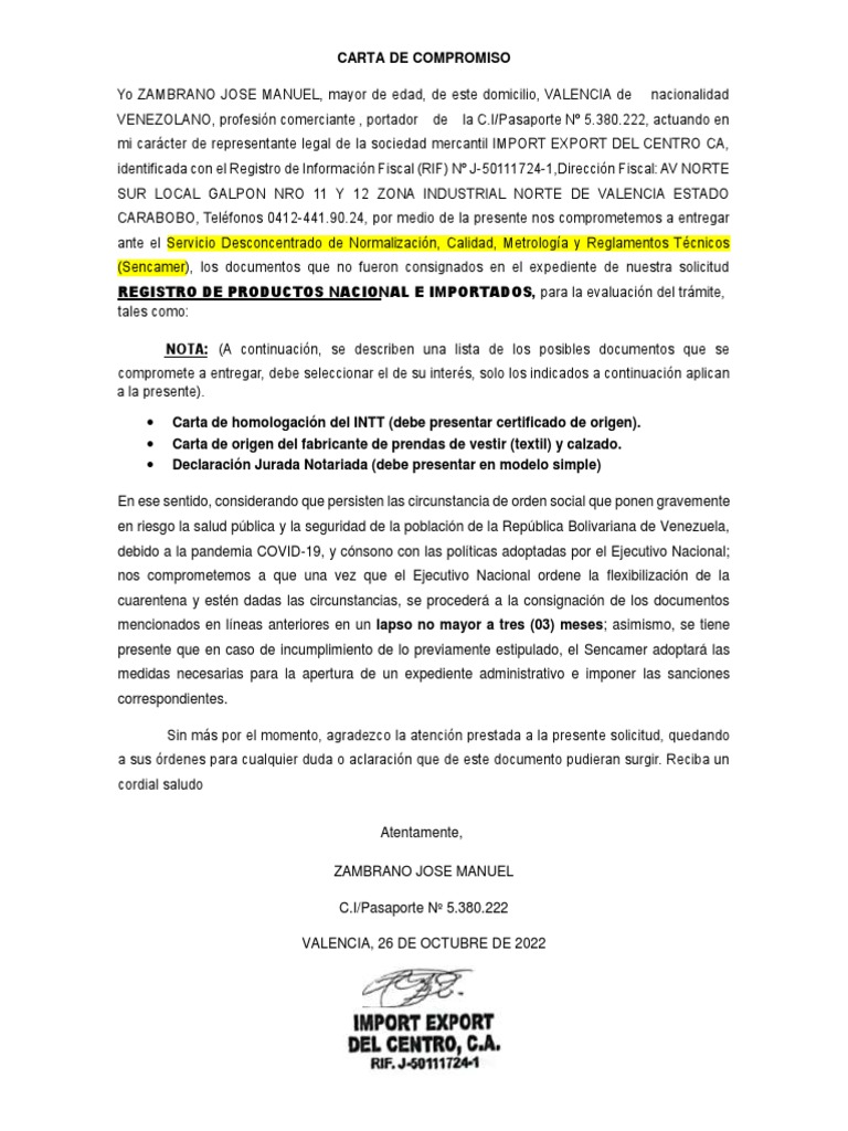 Carta de Compromiso | PDF