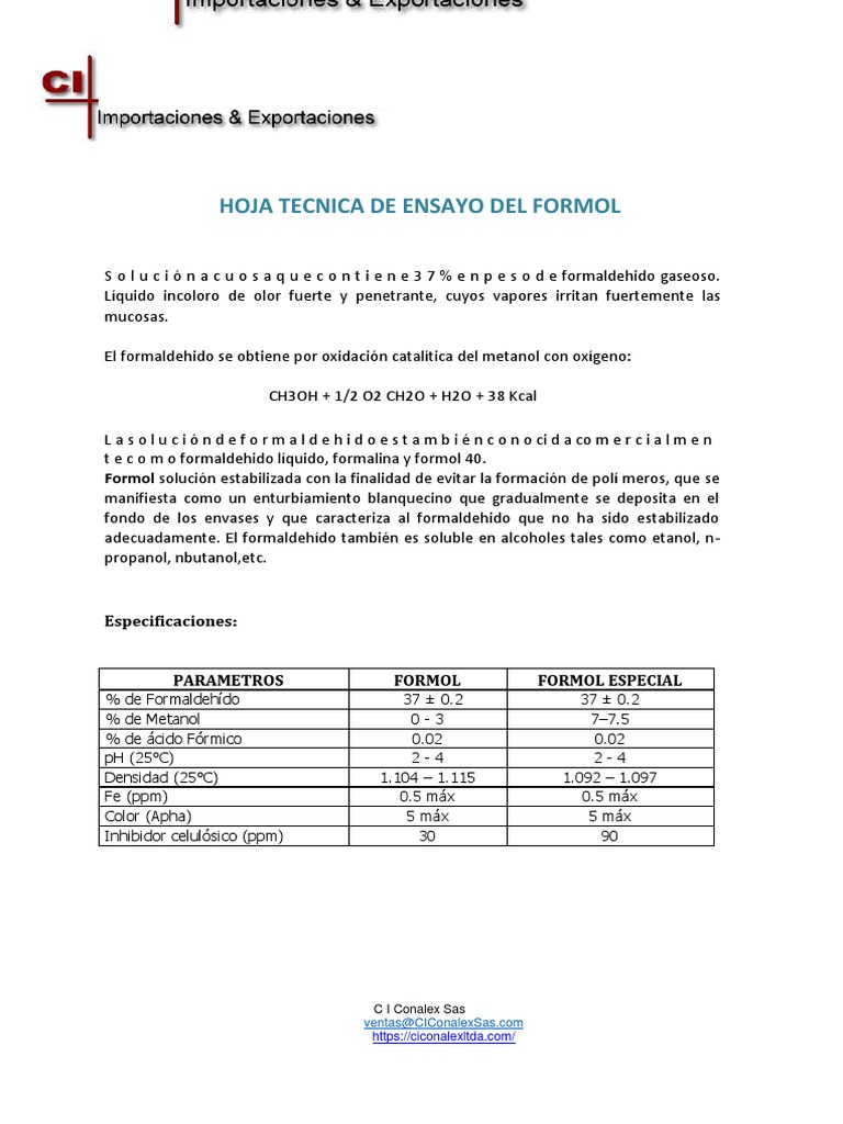 Hoja Tecnica Formol | PDF | Formaldehído | Compuestos orgánicos