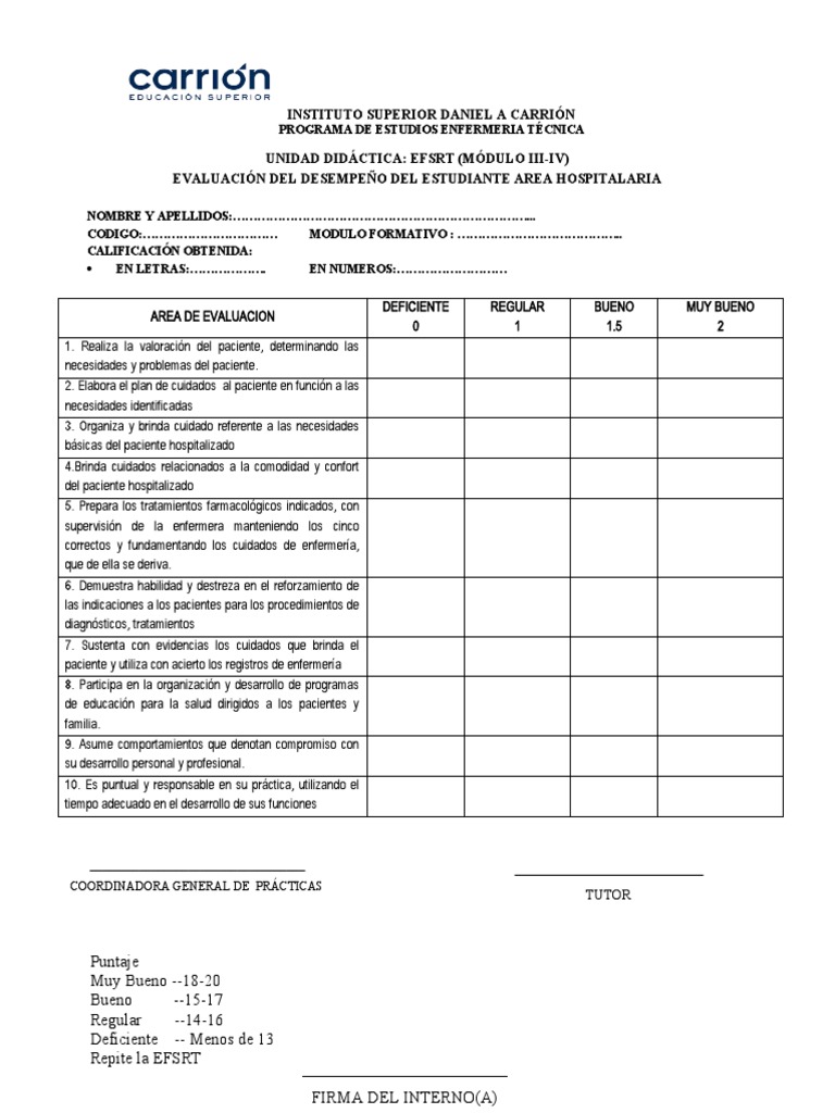 Evaluación del desempeño clínico de un estudiante de enfermería técnica en el área hospitalaria ...