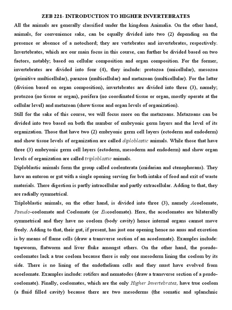 Introduction To Higher Invertebrates | PDF | Anatomy | Zoology