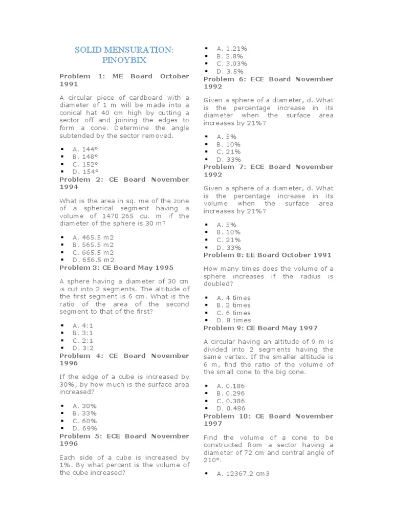 Solid Mensuration: Pinoybix | PDF | Sphere | Volume