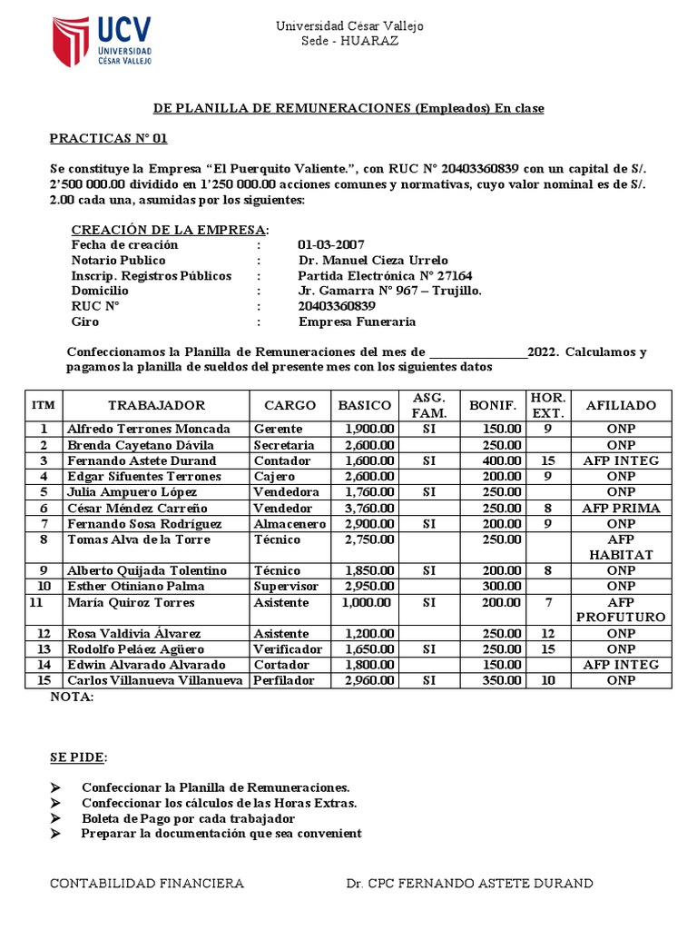 Practica Planilla Remuneraciones Contabilidad II | PDF | Business | Contabilidad financiera