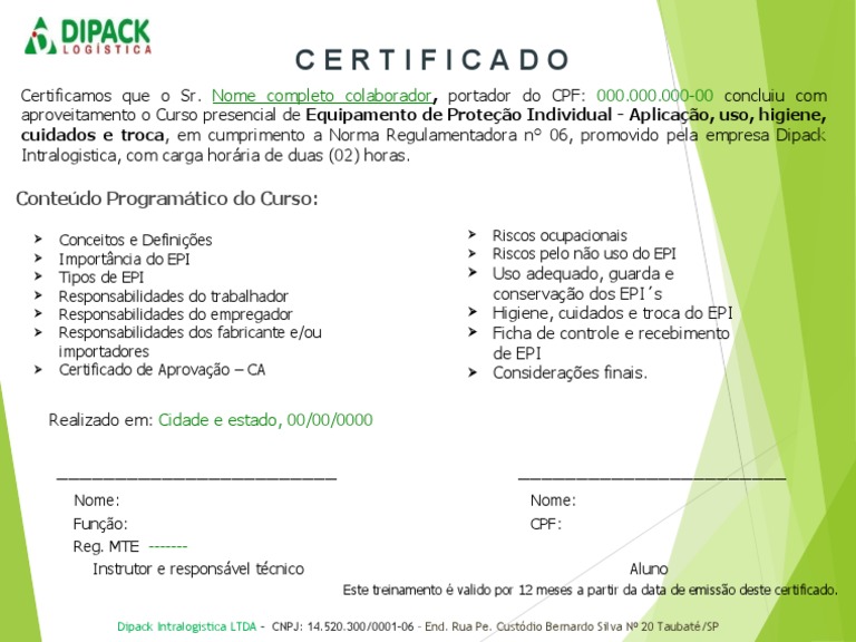 Modelo - Certificado Treinamento NR 06-Rev 02 | PDF