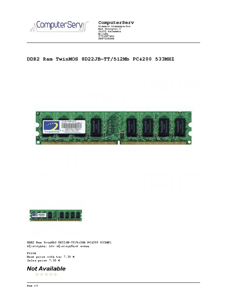 DDR2 DDR2 Ram TwinMOS 8D22JB-TT512Mb PC4200 533MHZ | PDF
