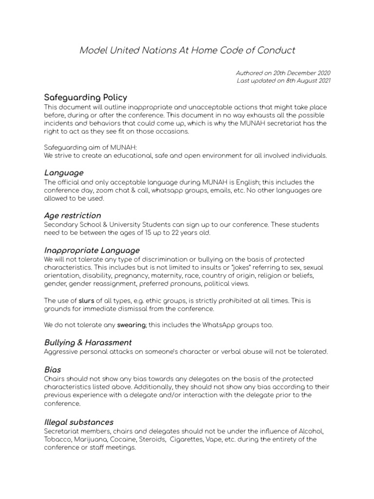 Model United Nations at Home Code of Conduct | PDF | Bullying | Harassment