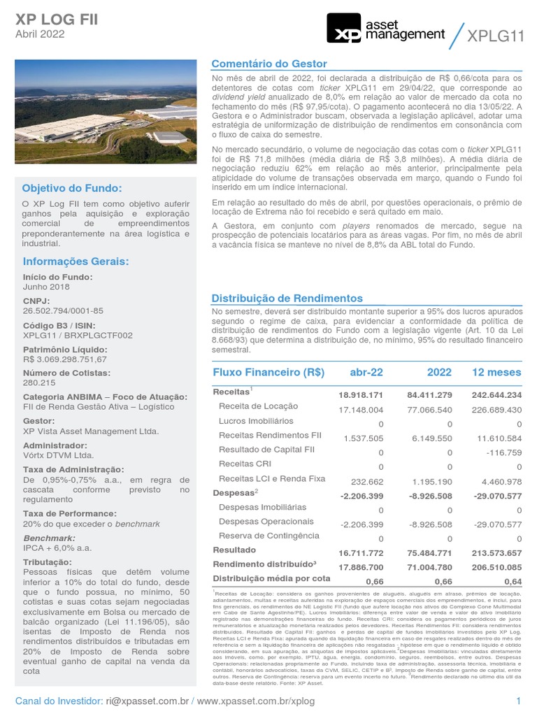 Relatório Financeiro XP LOG FII Abril 2022 | PDF | Imposto de Renda | Renda