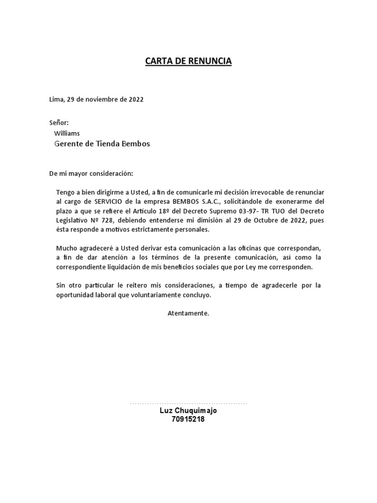 Modelo Carta de Renuncia | PDF