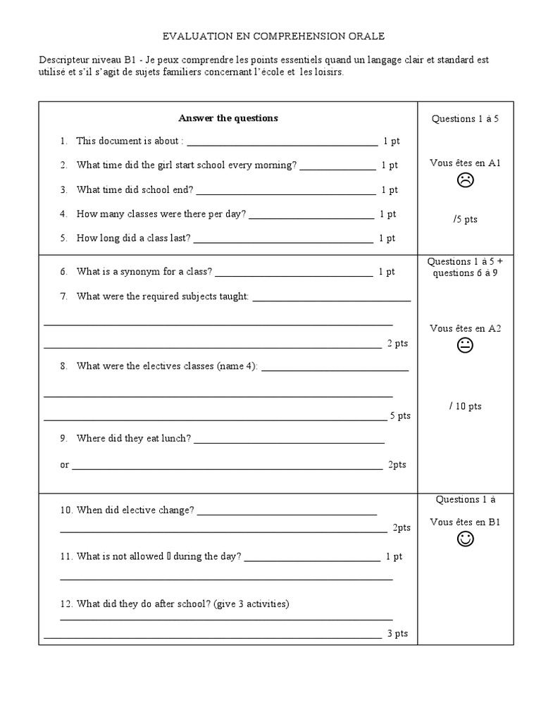 Evaluation en Comprehension Orale A1 - A2 - B1 | PDF