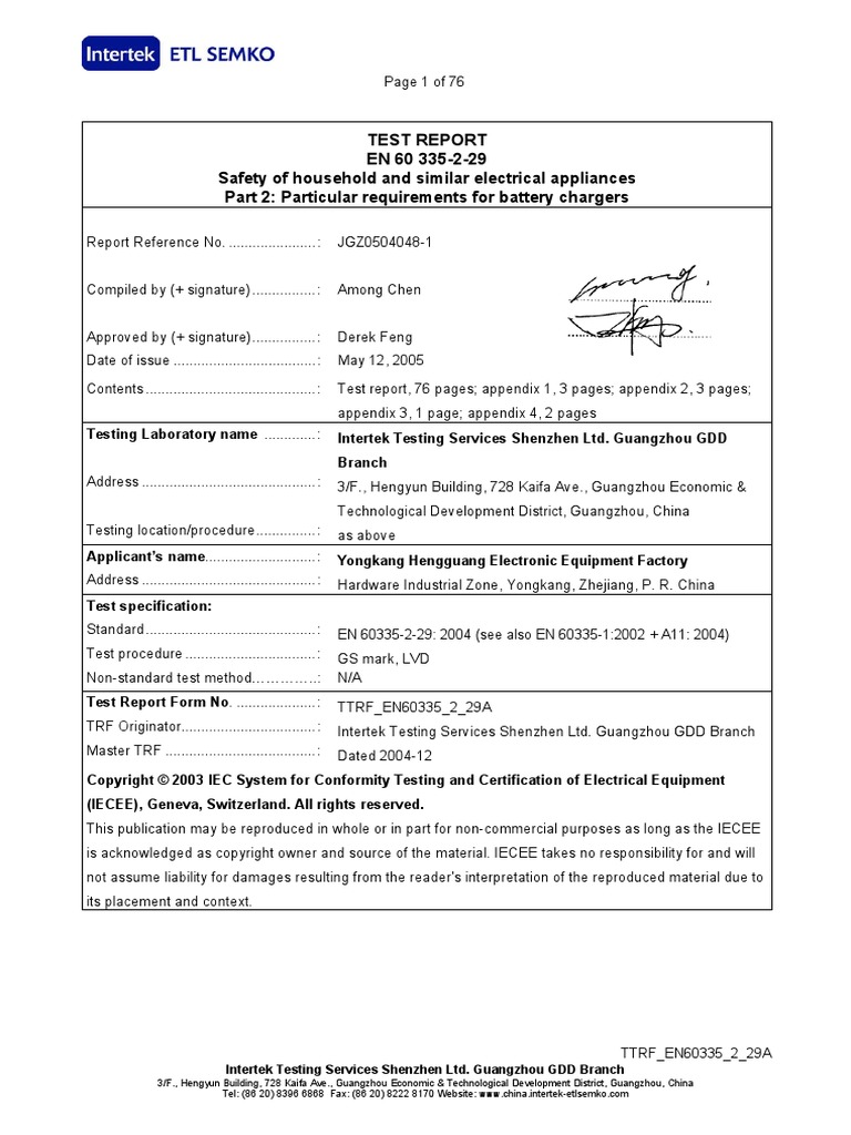 Test Report EN 60 335-2-29 Safety of Household and Similar Electrical ...