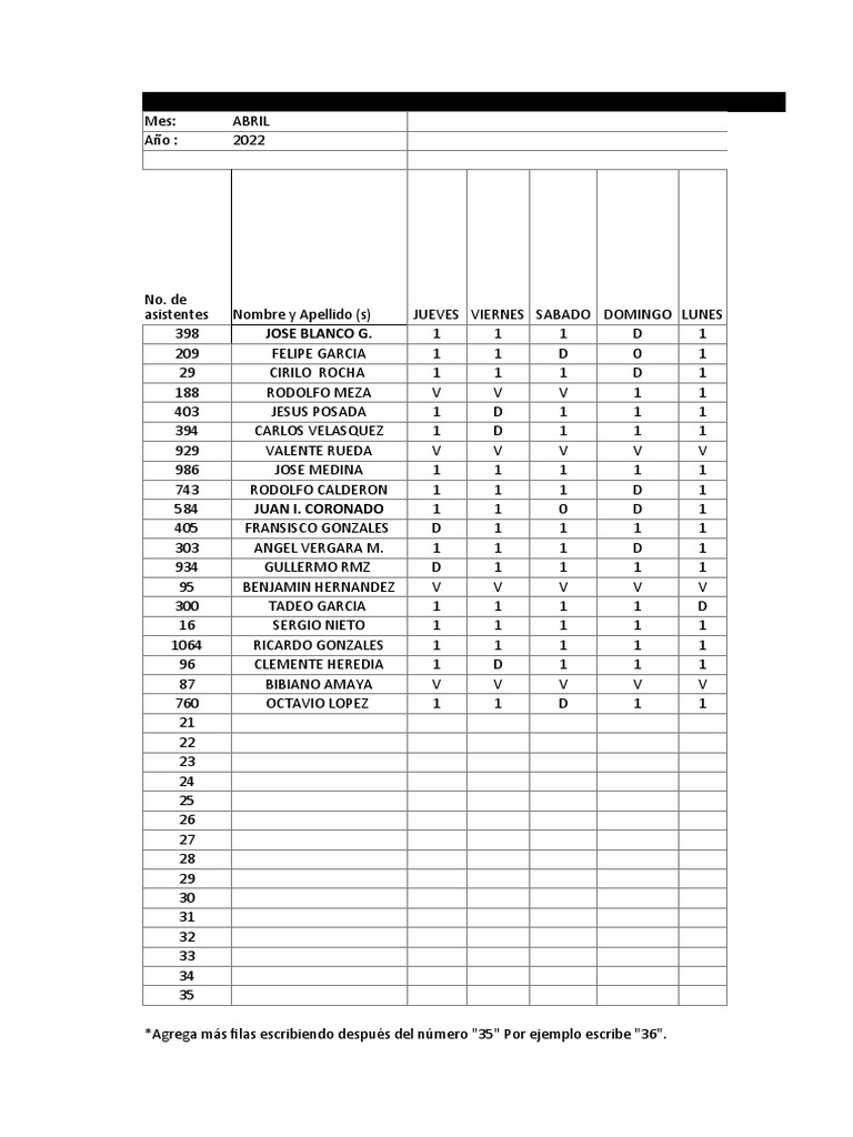 Formato de Lista de Asistencia Excel | PDF