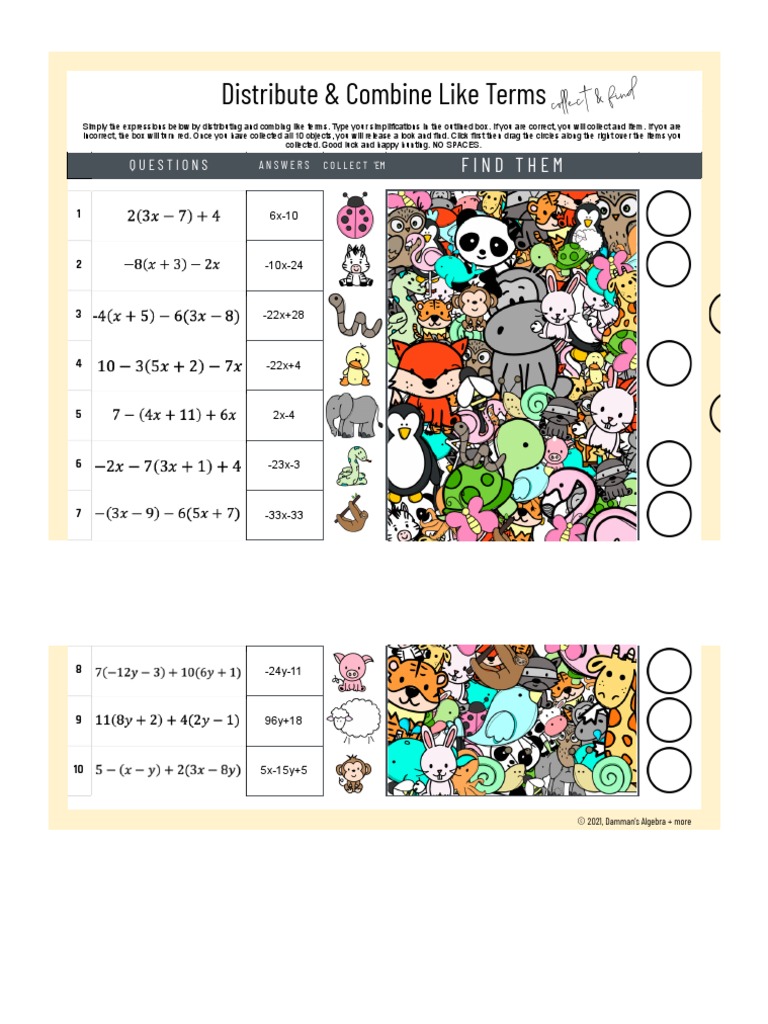 Distribute & Combine Like Terms Collect and Find - Sheet1 | PDF