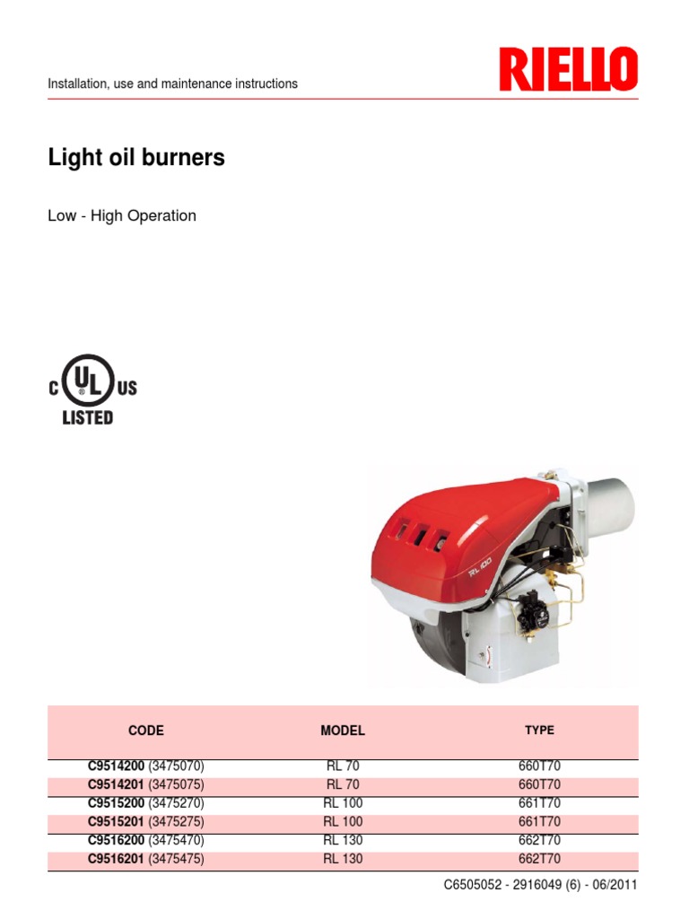 Quemador Riello - RL - 70 - 100 - 130 - Manual | PDF | Boiler | Transformer